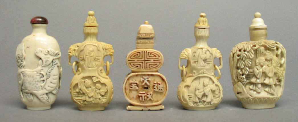 Bonhams : A group of five ivory snuff bottles 20th Century
