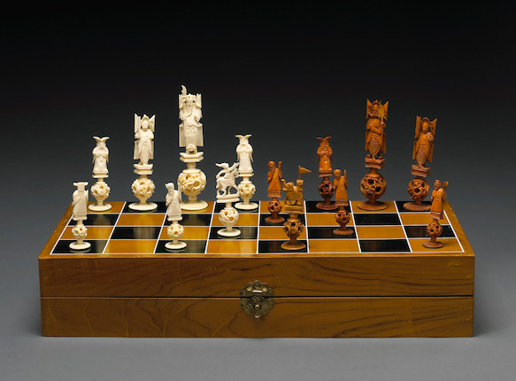 Bonhams : A pieced and tinted ivory chess set 20th Century