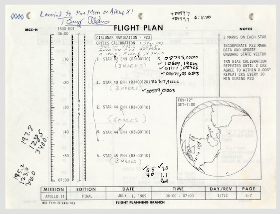 Bonhams : FLOWN APOLLO 11 FLIGHT PLAN SHEETTHE FIRST CELESTIAL ...