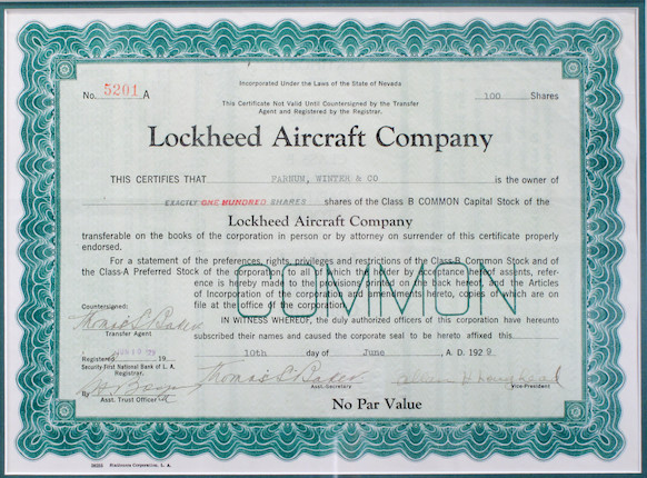 Bonhams : LOCKHEED STOCK CERTIFICATE.