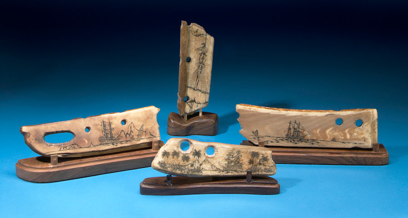 Bonhams : Collection of Four Scrimshaw Fossil Walrus Ivory Items