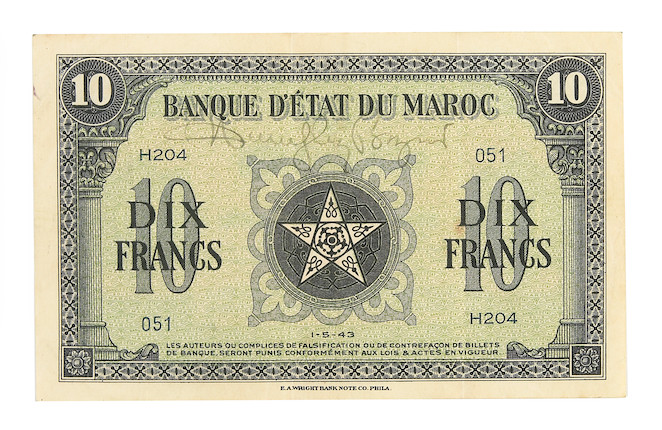 Bonhams : A Humphrey Bogart signed Moroccan ten franc note, 1940s
