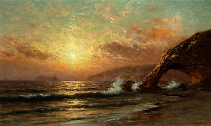 Bonhams : Raymond Dabb Yelland (1848-1900) Sunset, Mendocino coast ...