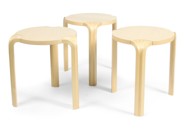 Bonhams : Three Alvar Aalto birch and ash fan legged stools for Artek