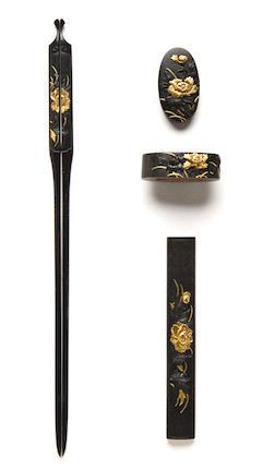 Bonhams : A shakudo and gold mitokoromono (fuchi-gashira, kozuka and ...