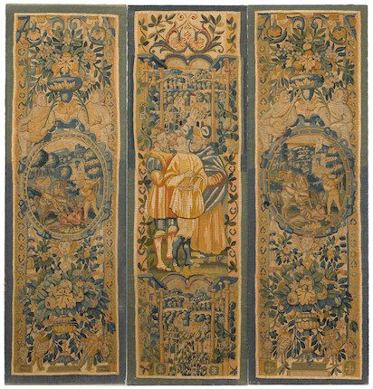 Bonhams : A group of three Flemish Baroque tapestry fragment panels ...