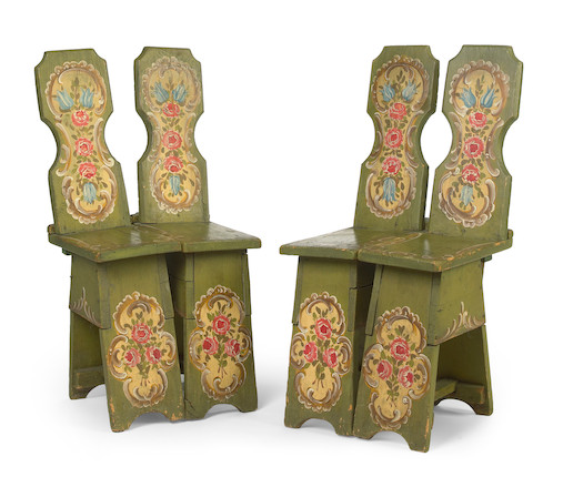 Bonhams : A pair of Tyrolean paint decorated twin chairs