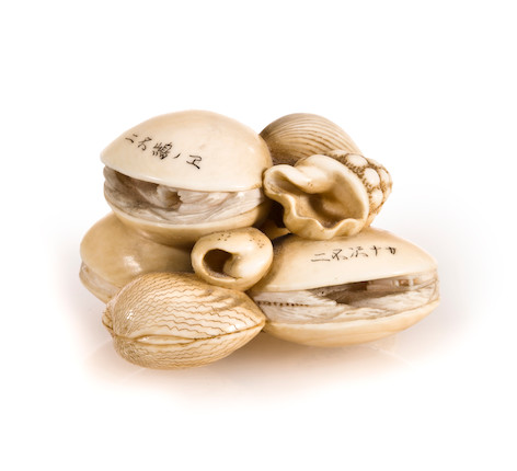 Bonhams : An ivory netsuke of a group of shells By Gyokuhosai Ryuchin ...