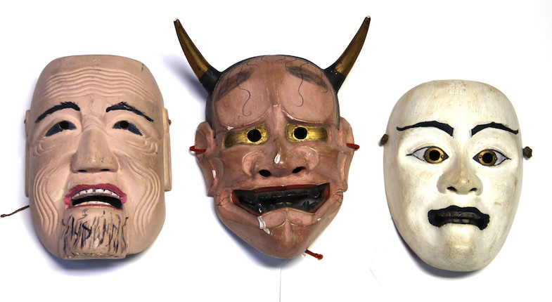 Bonhams : Three Noh or Kyogen drama masks 19th/20th century