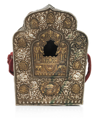 Bonhams : A parcel-gilt silver repoussé and copper shrine box (gau ...