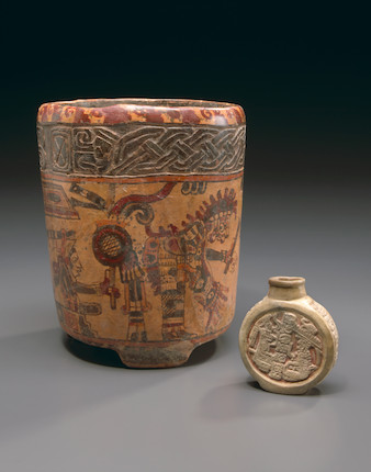 Bonhams : Maya Polychrome Cylinder Vessel, Late Classic, ca. A.D. 550-950