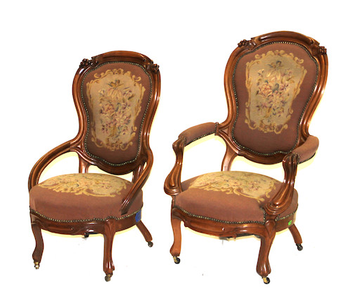 Bonhams : Two Rococo Revival walnut parlor chairs mid 19th century