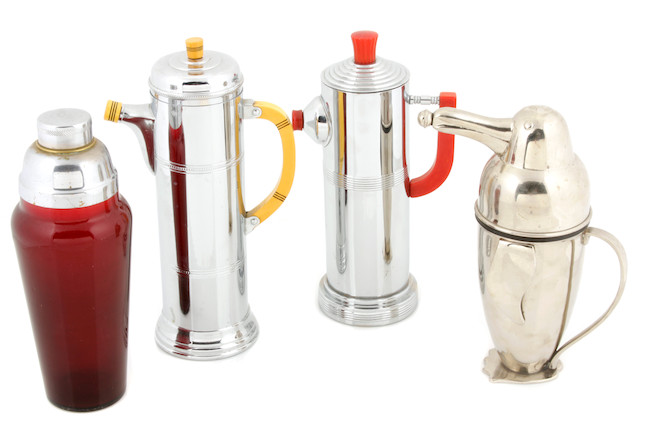 Bonhams : A set of twelve metal cocktail shakers, a coffee pot and an ...