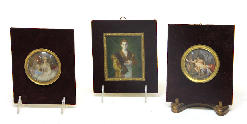 Bonhams : Three miniature paintings in velvet frames 19th century