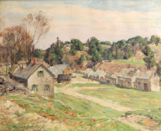 Bonhams : Horace Brown (American, 1876-1949) Factory village 27 1/4 x 34in