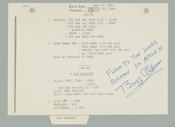 Bonhams Armstrong And Aldrin Verify Eagles Status Carried To The
