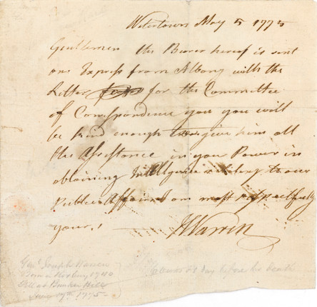 Bonhams : WARREN, JOSEPH. 1741-1775. Autograph Letter Signed (J Warren ...