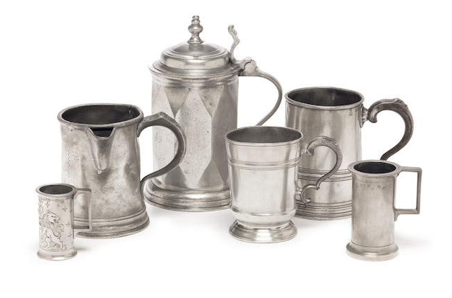 Bonhams : Six European pewter tankards and measures 19th century