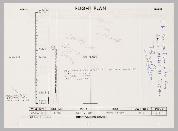 Bonhams Apollo 11 Flight Plan Sheet Carried On And Used During The