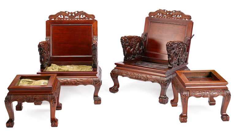 Bonhams : Four Chinese carved hardwood armchairs and two matching ottomans