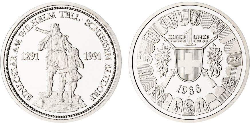 Bonhams : Switzerland, 1986 Platinum Proof Shooting Taler