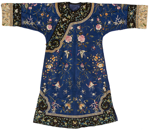 Bonhams : A woman's embroidered blue brocade informal robe Late Qing ...