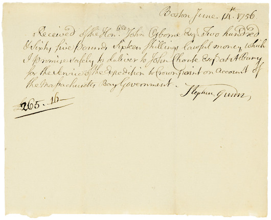 Bonhams : CROWN POINT EXPEDITION. Manuscript Document, 1 p, 8vo, Boston ...