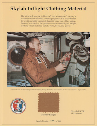 Bonhams : MATERIAL SAMPLE OF SKYLAB'S FLIGHT COVERALLS USED FOR ALL ...