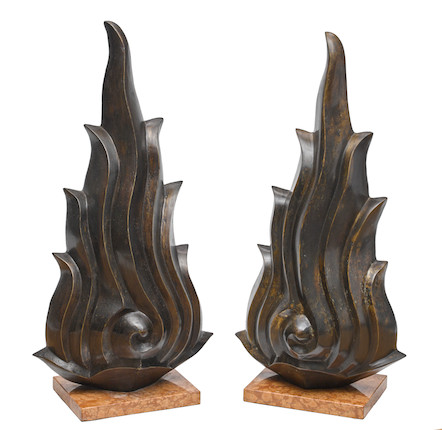 Bonhams : A pair of Continental art deco patinated bronze flame form ...