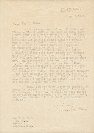 Bonhams : NEHRU, JAWAHARLAL. 1889-1964. Typed Letter Signed (Jawaharlal ...
