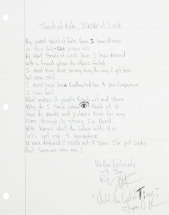 Bonhams : A Tupac Shakur handwritten letter