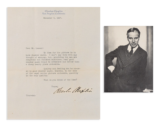 Bonhams : A pair of Typed Letters Signed by Charlie Chaplin