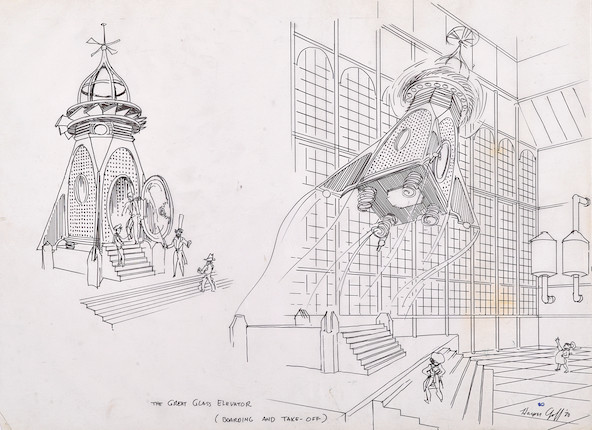 Bonhams : A lot of 3 Harper Goff original drawings of the Wonkavator ...
