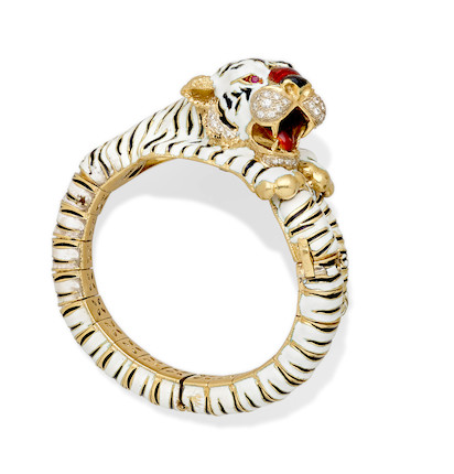Bonhams : A diamond, enamel and 18k gold hinged tiger bangle, Frascarolo