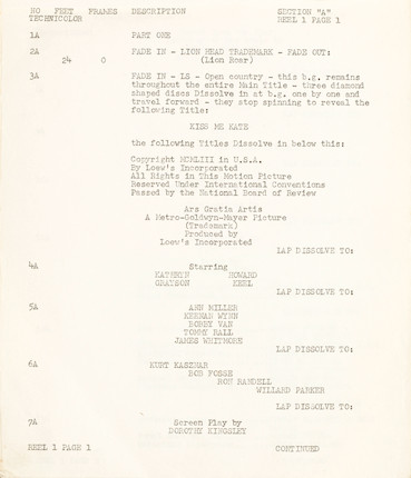 Bonhams : A cutting continuity script for Kiss Me Kate