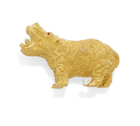 Bonhams : A diamond, ruby and 18k gold hippopotamus brooch