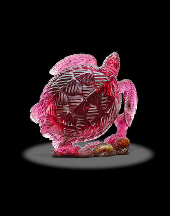 Bonhams : Rubellite Carving of a Swimming Sea Turtle by Gerd Dreher