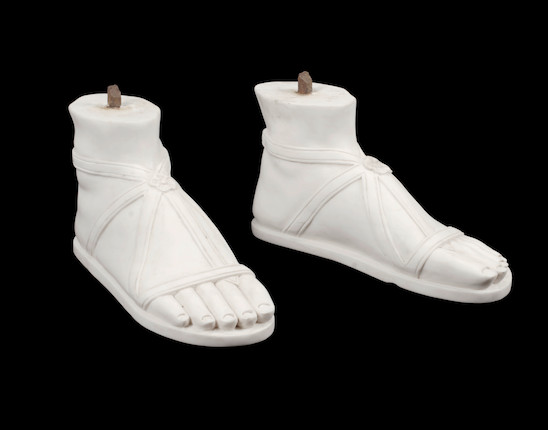 Bonhams : A Pair of Roman Style White Marble Feet with Sandals