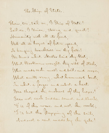 Bonhams : LONGFELLOW, HENRY WADSWORTH. 1807-1882. Autograph Manuscript ...