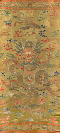 Bonhams : A brocade weave silk panel with dragon and phoenix Qing dynasty