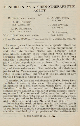 Bonhams : PENICILLIN. CHAIN, ERNST BORIS. 1906-1979. AND HOWARD WALTER ...