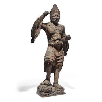 Bonhams : A LARGE WOOD FIGURE OF TAMONTEN Heian period (794-1185), 10th ...