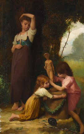 Bonhams : Emile Levy (French, 1826-1890) Children decorating garden ...