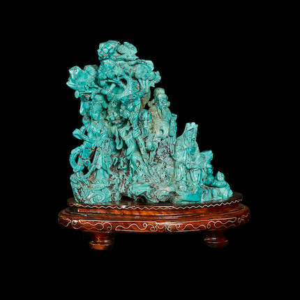 Bonhams : Turquoise Carving of Elders and Guanyin on Removable Wooden Base