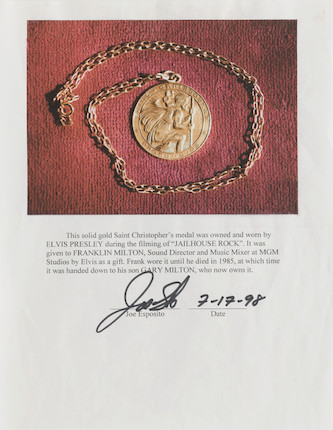 Bonhams : An Elvis Presley Saint Christopher medal worn in Jailhouse Rock