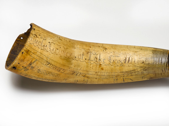 Bonhams : NORTH AMERICAN POWDERHORN FRENCH AND INDIAN WAR. Carved ...