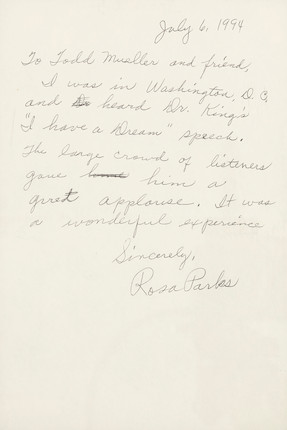Bonhams : PARKS, ROSA. 1913-2005. Autograph Letter Signed (Rosa Parks ...