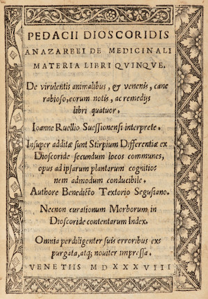 Bonhams : DIOSCORIDES, PEDANIUS. C.40-90. De medica materia, libri V ...