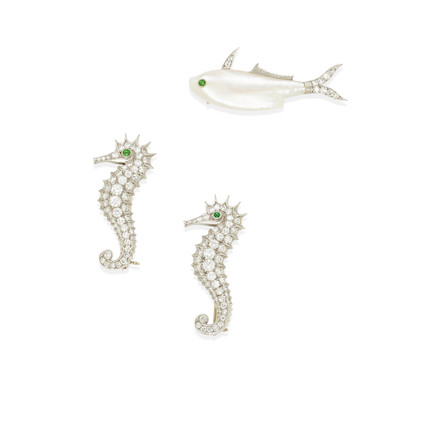 Bonhams : A GROUP OF PLATINUM AND DIAMOND SEA CREATURE BROOCHES