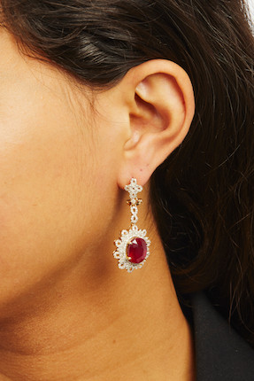 Bonhams : ORIANNE A PAIR OF 14K GOLD, RUBY AND DIAMOND EARRINGS